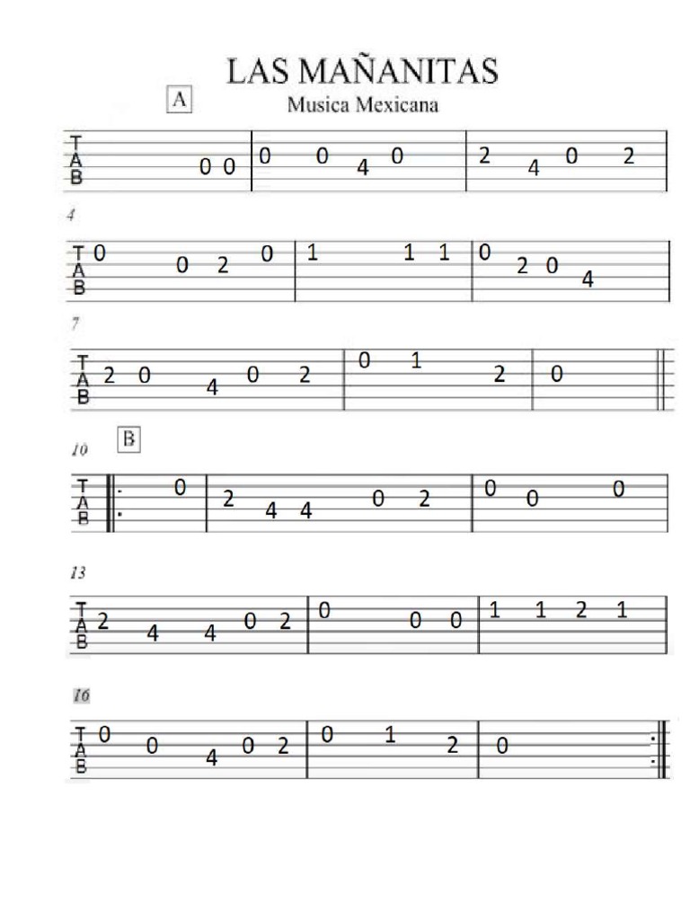 Las mañanitas para guitarra melodía Tab en Sol | PDF