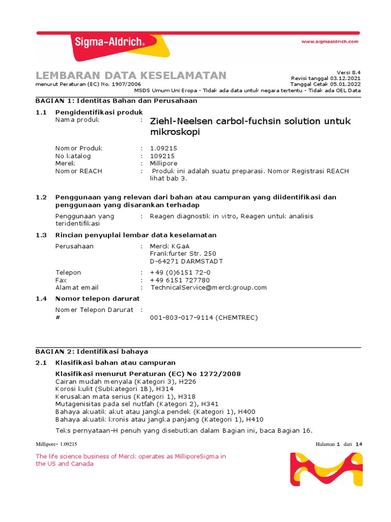 MSDS Ziehl Neelsen | PDF