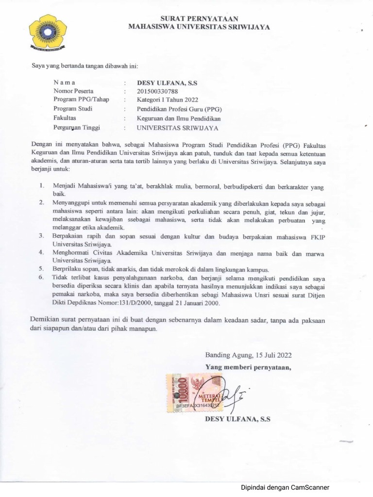 Surat Pernyataan Mahasiswa PPG - Desy Ulfana - Bahasa Inggris | PDF