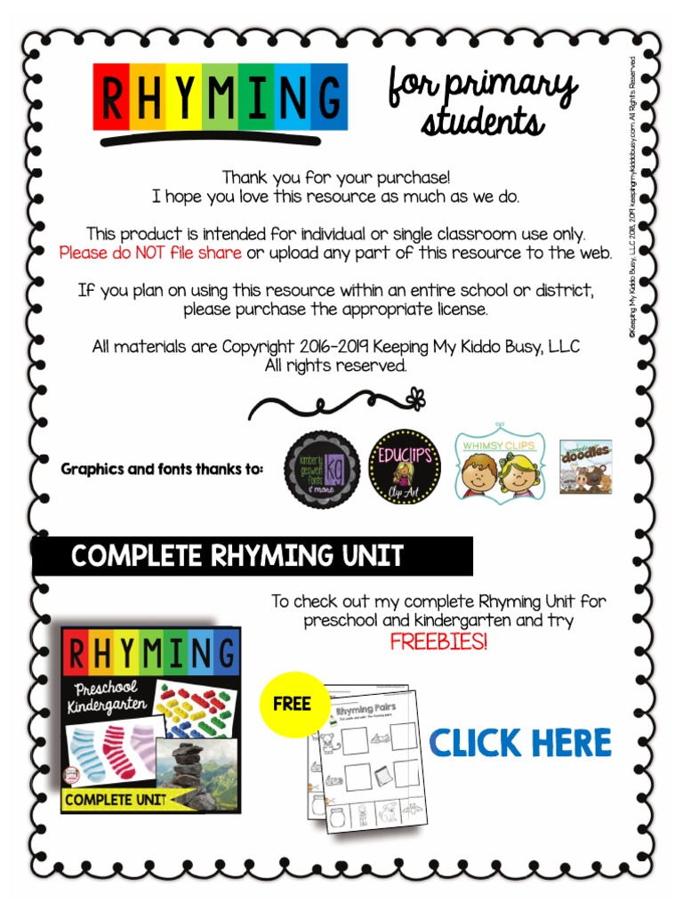 Free Rhyming Flip Books Literacy Center Worksheets | PDF