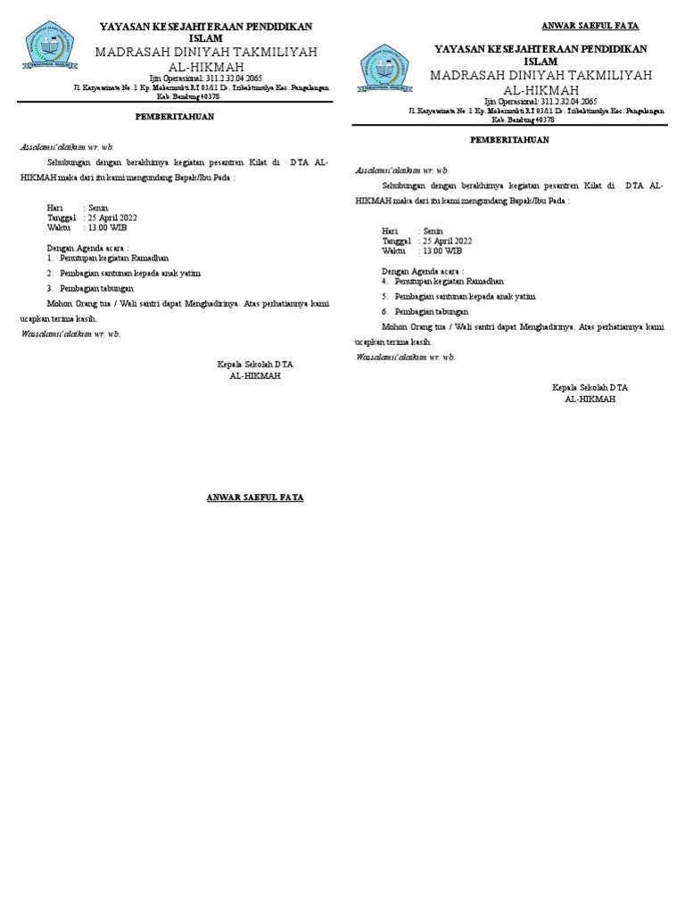 Surat Pemberitahuan Penutupan Sanlat Dta 2022 | PDF