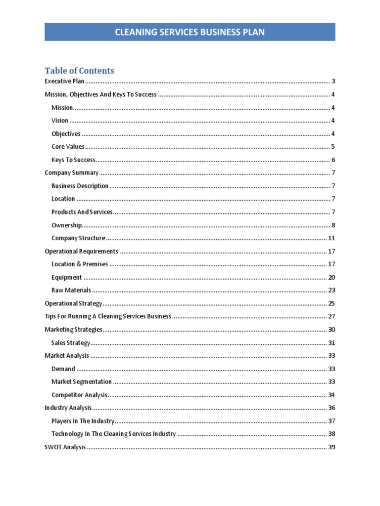 Cleaning Services Business Plan Contents Table | PDF | Risk | Pro Forma