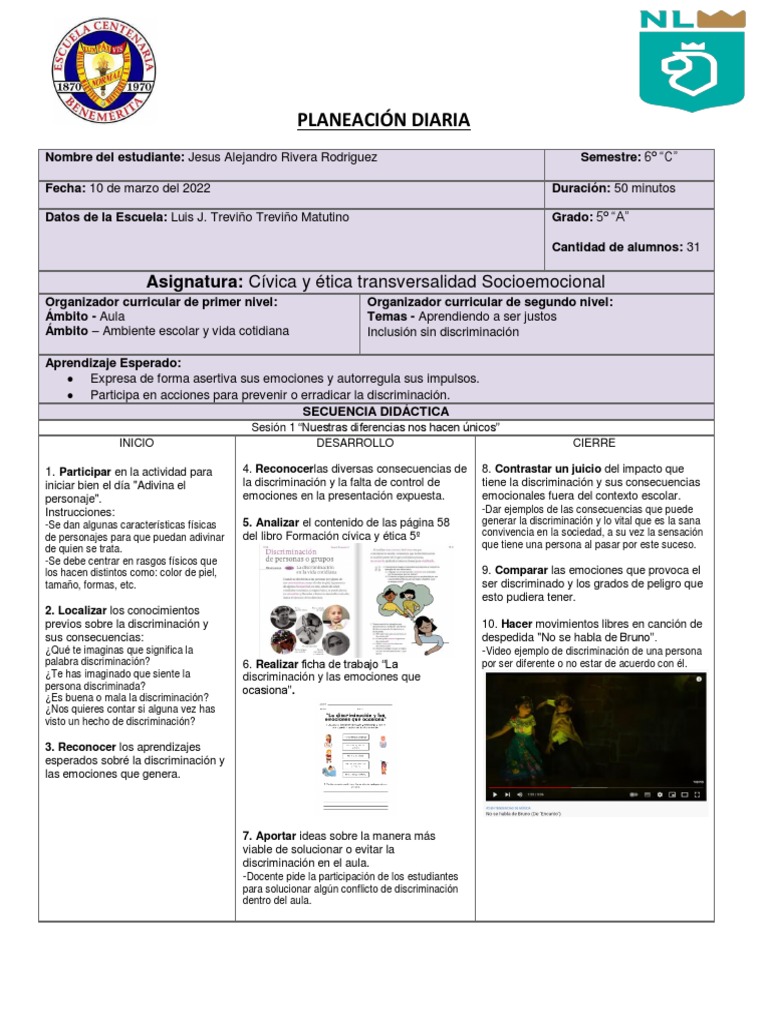 Planeación Cívica y Ética-Socioemocional Primera Jornada | PDF | Las emociones | Discriminación