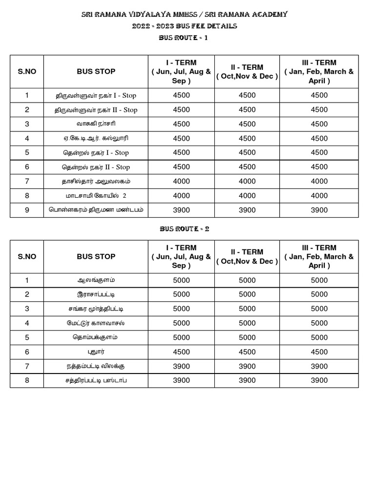 22 - 23 Bus Fee Details | PDF
