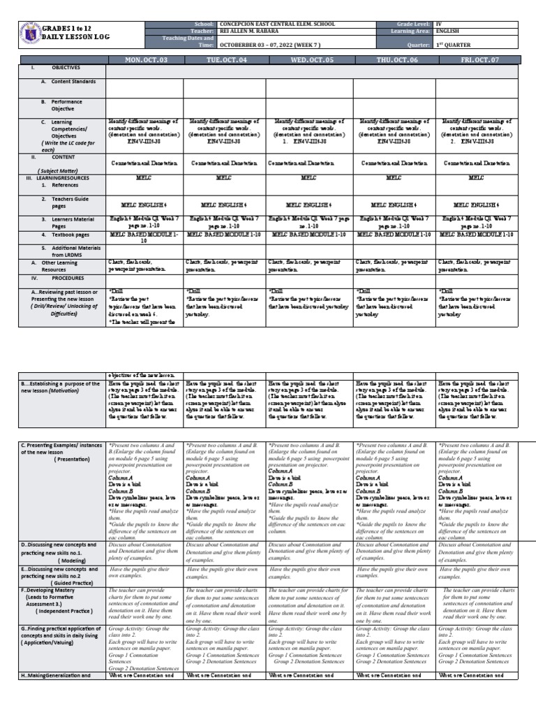 DLL - English 4 - Q1 - Week 7 - (Melc - Based) | PDF | Teachers | Learning