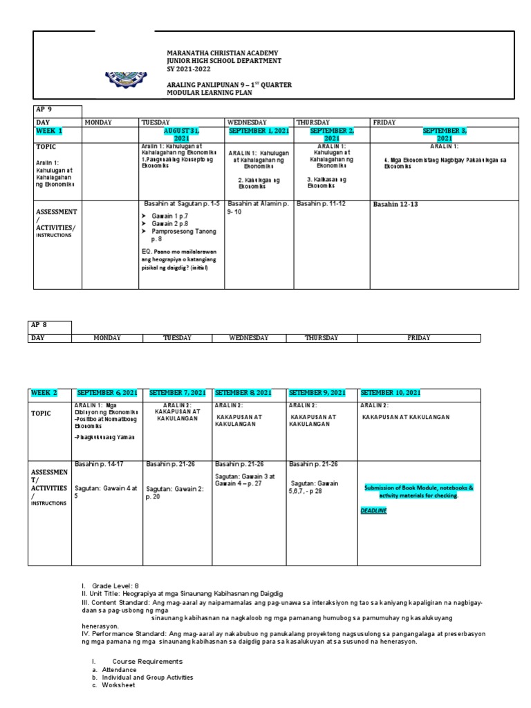 Ap9 Q1 Modular Learning Plan | PDF