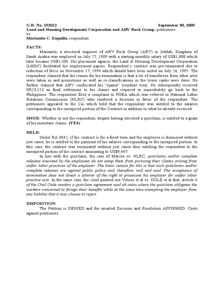 Labor Case: Termination Rights Affirmed | PDF | Employment | Salary