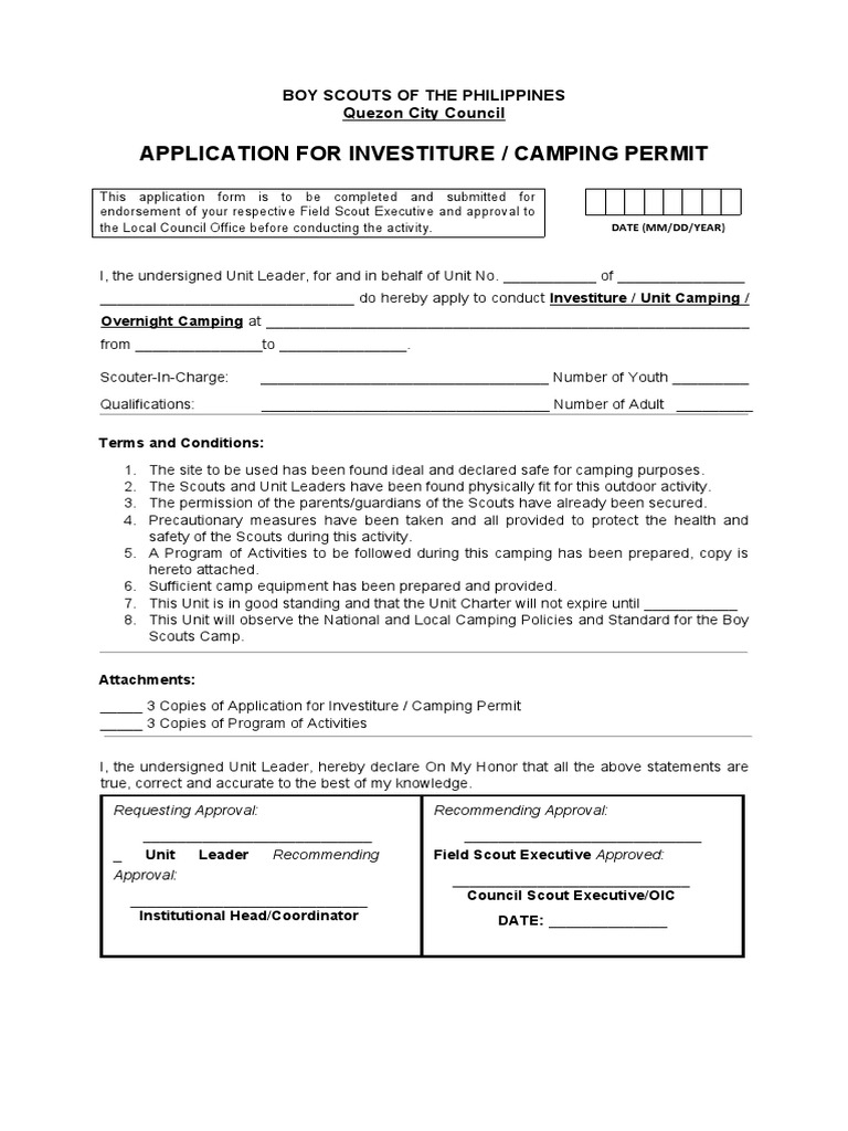 Camping Permit Application Form | PDF | Scouting | Camping