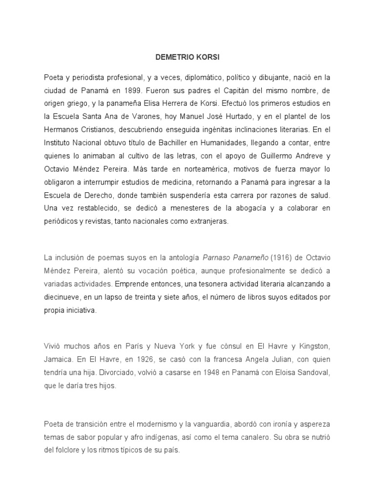 Biografía y poesía de Demetrio Korsi | PDF | Panamá