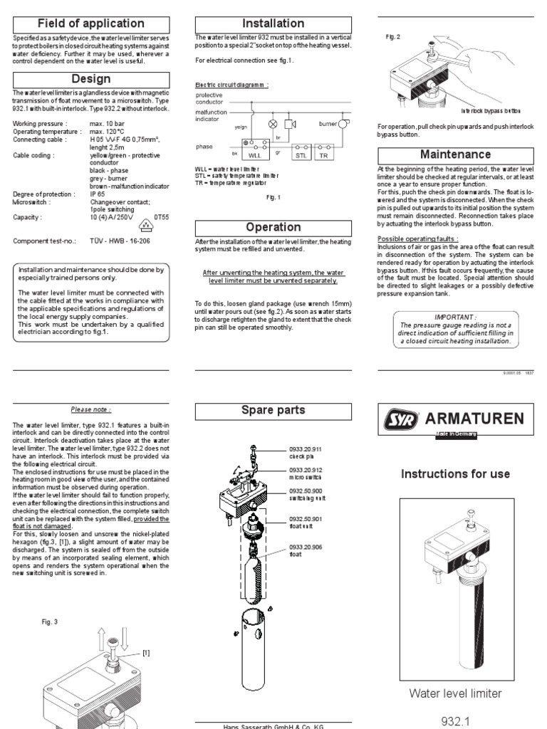 Water Level Limiter 932 (Instruction of Use) | PDF | Electrical Connector | Electromagnetism