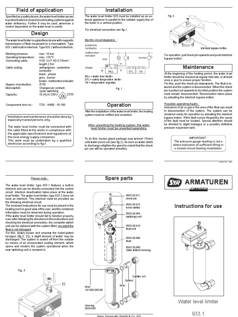 Water Level Limiter 933 (Instruction of Use) | PDF | Electrical ...