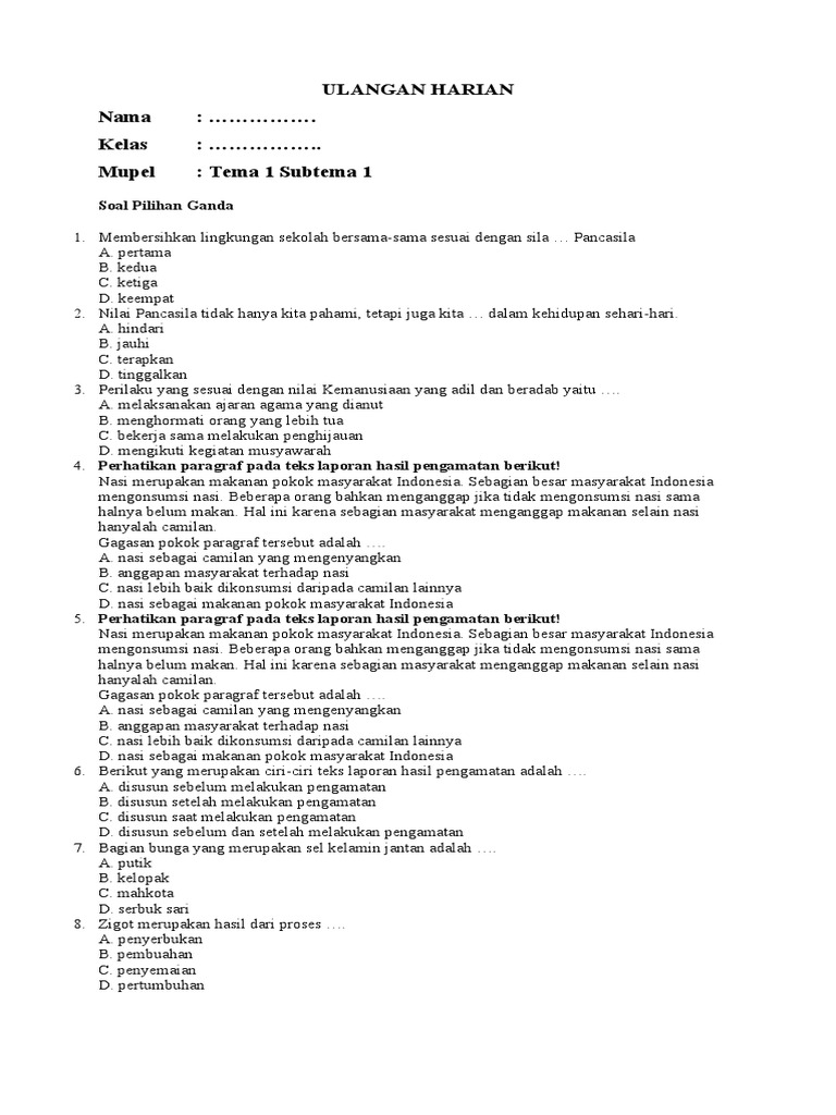 Ulangan Harian Tema 1 Subtema 1 Kelas 6 | PDF