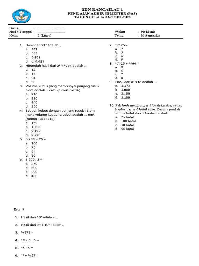 Soal Pas Kelas MTK | PDF