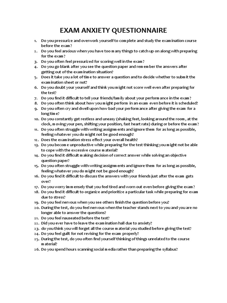 Exam Anxiety Questionnaire | PDF | Test (Assessment) | Anxiety