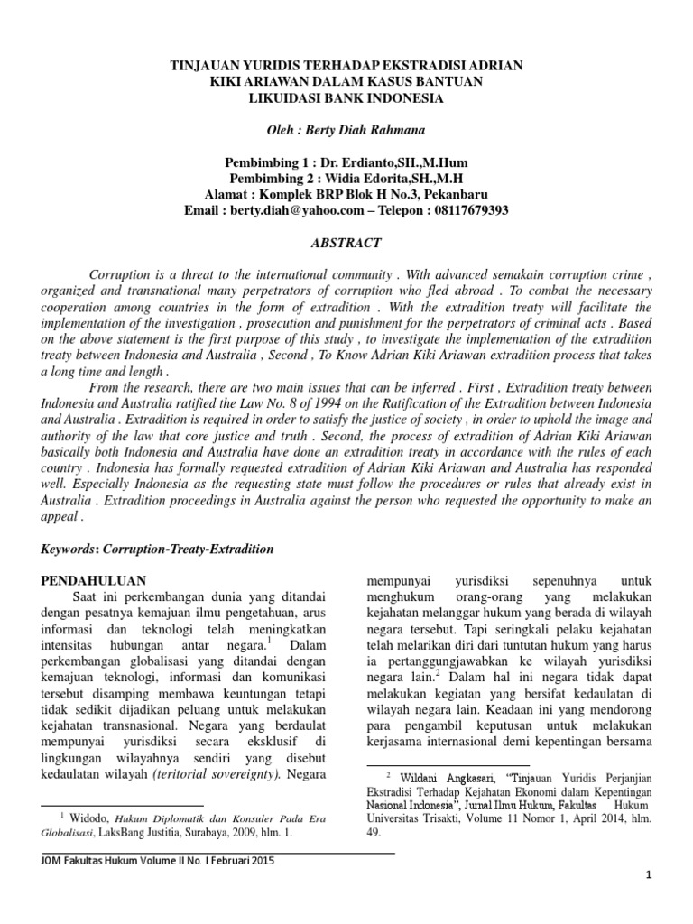 ID Tinjauan Yuridis Terhadap Ekstradisi Adrian Kiki Ariawan Dalam Kasus Bantuan Lik | PDF ...