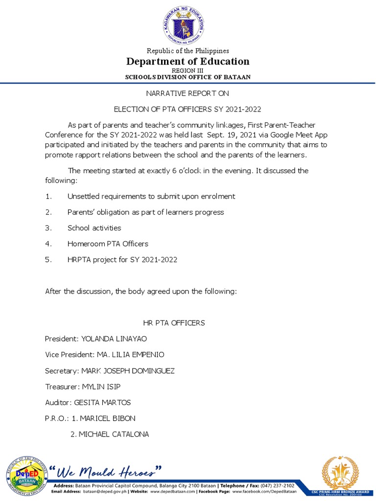 Narrative Report On Election of Pta Officers Sy 21 22 | PDF ...