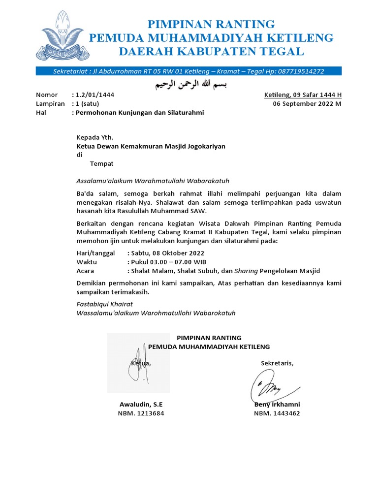 Contoh Surat Permohonan Kunjungan DKM Jogokariyan | PDF