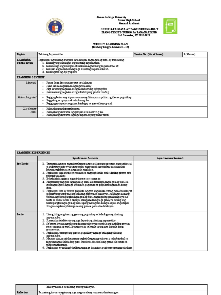 Weekly Learning Plan - Week 4 and 5 | PDF
