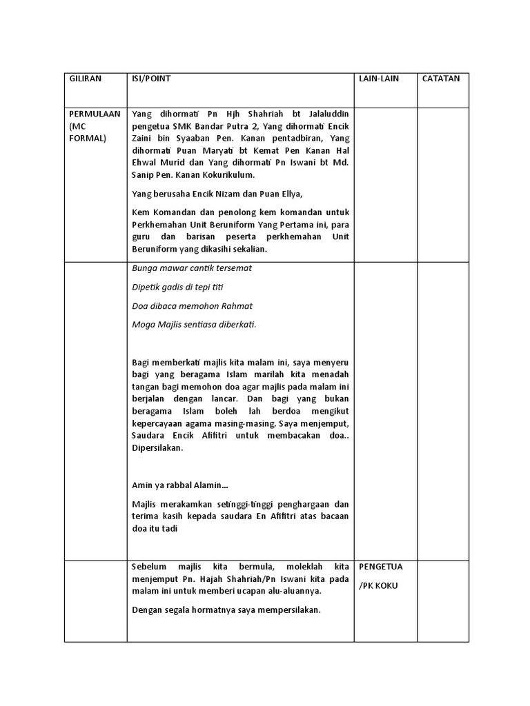 Teks MC Malam Kebudayaan Perkhemahan Smkbp2 | PDF