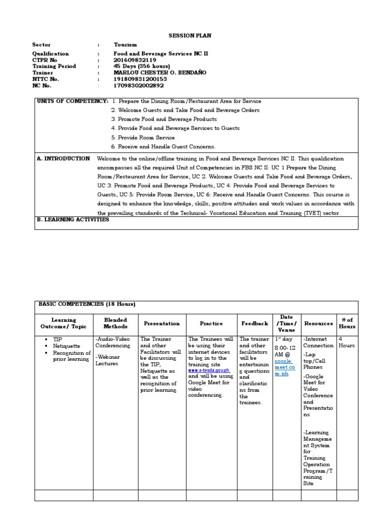 Training Plan Continuation FBS NC Ii New Normal | PDF | Communication ...