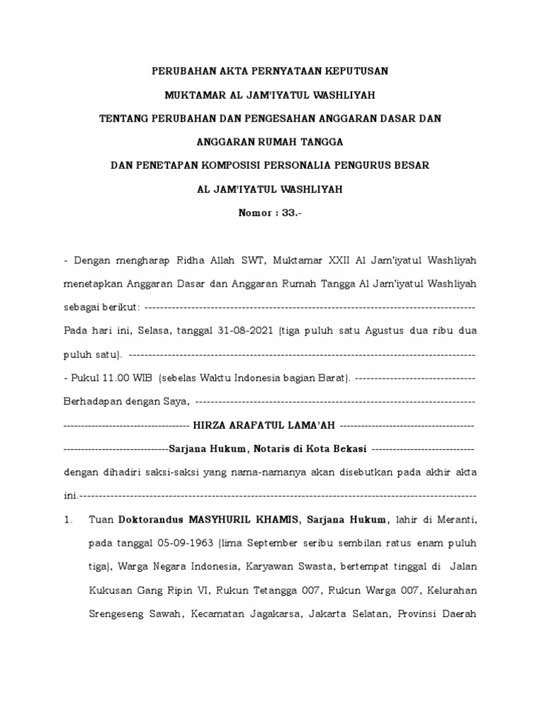 Akta Perubahan Washliyah | PDF | Pengelolaan Keuangan & Uang