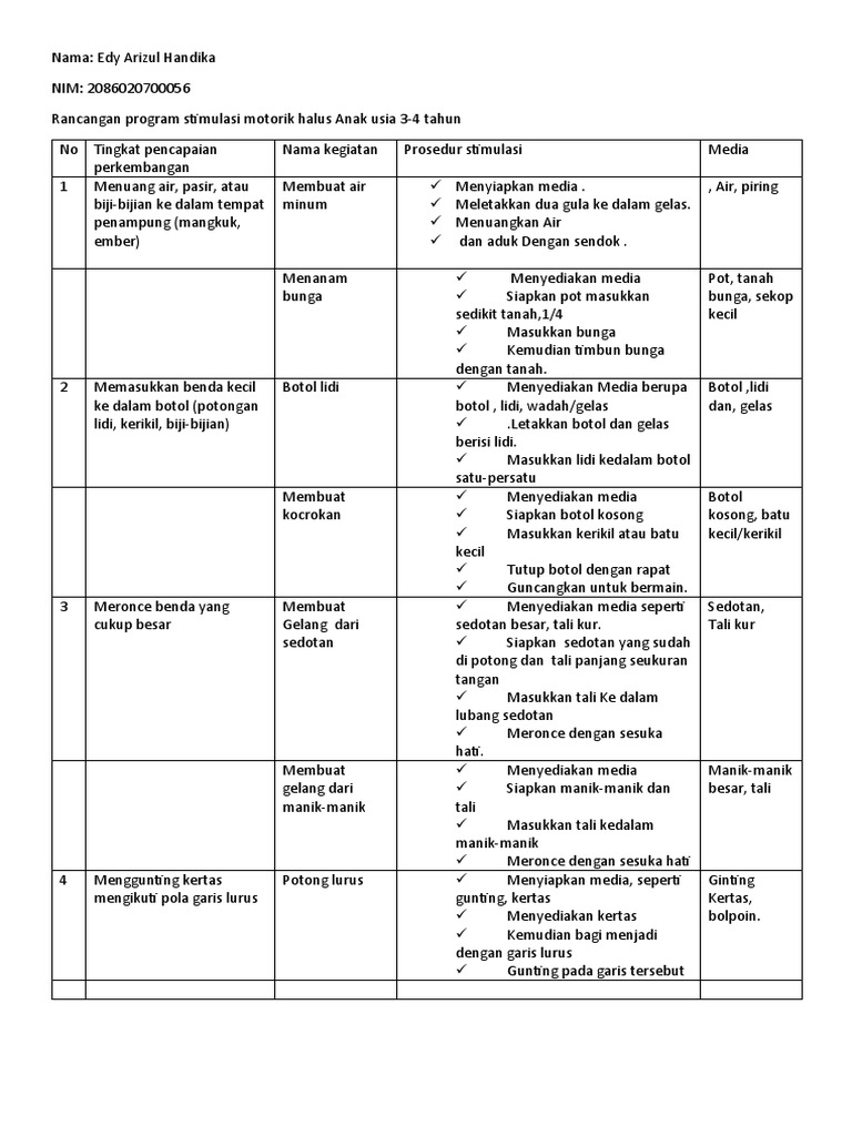 Program Stimulasi Perkembangan Motorik Halus Anak | PDF