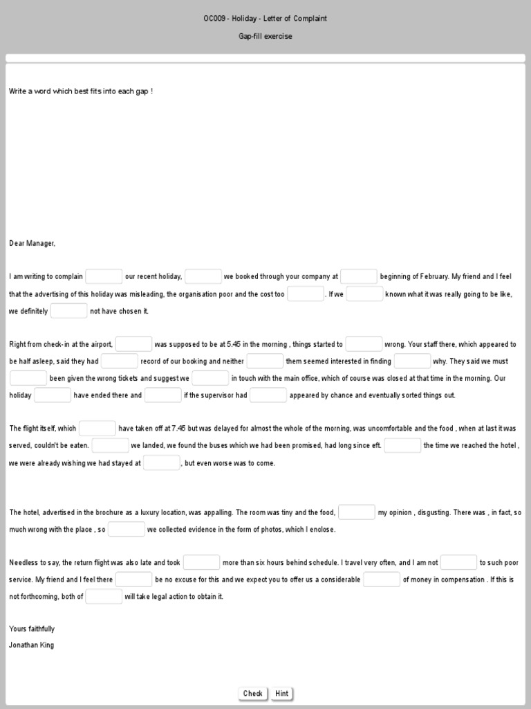OC009 - Holiday - Letter of Complaint | PDF