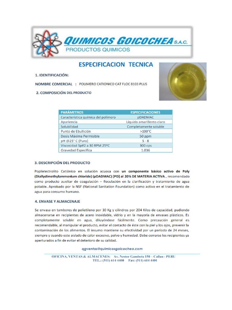Quimicos Goicochea Polimero Nalco Cat Floc 8103 | PDF