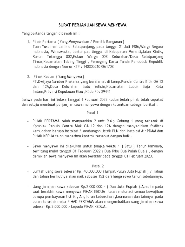 Perjanjian Sewa Menyewa | PDF