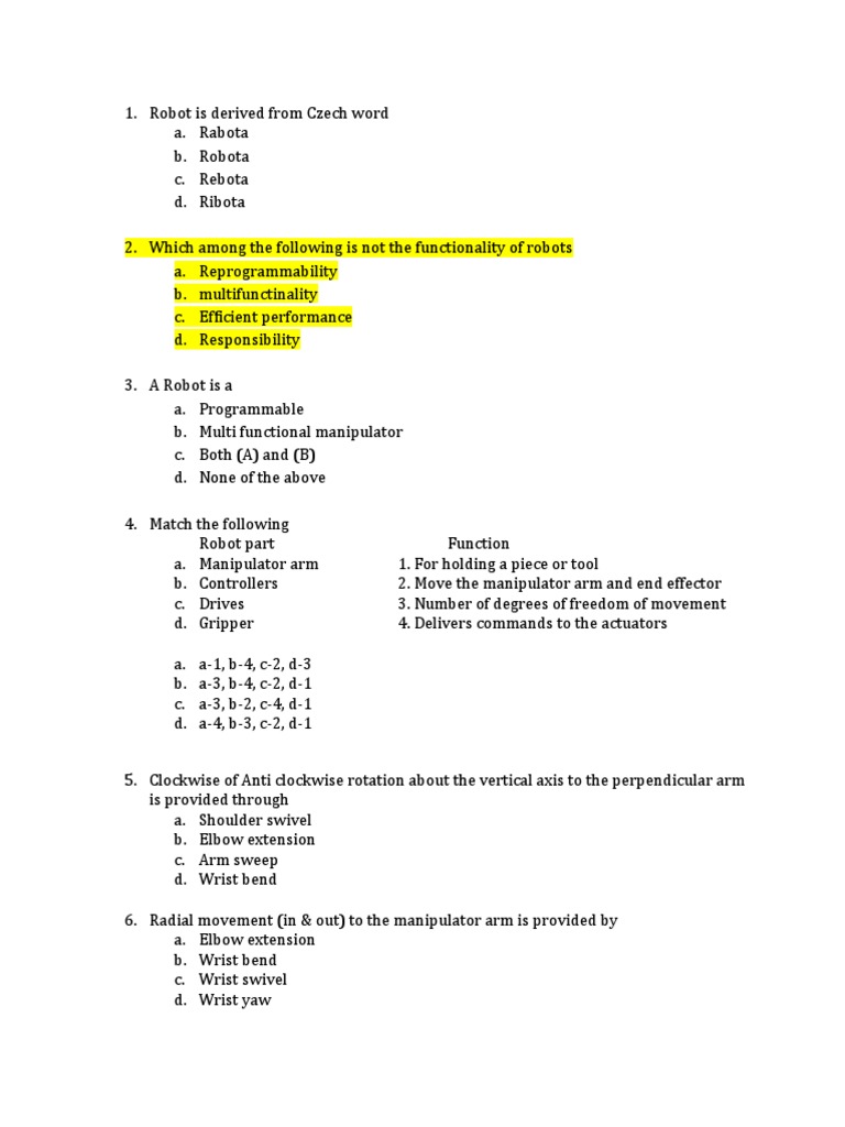 Robo MCQ Unit I | Download Free PDF | Robot | Robotics