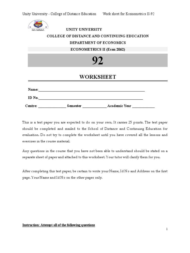 Econometrics II Worksheet - Unity University | PDF | Teaching Methods ...