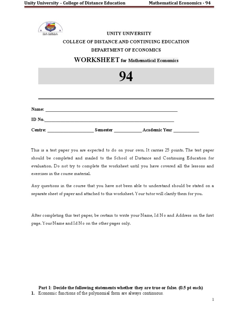 94-Worksheet - Mathematical Econ | PDF