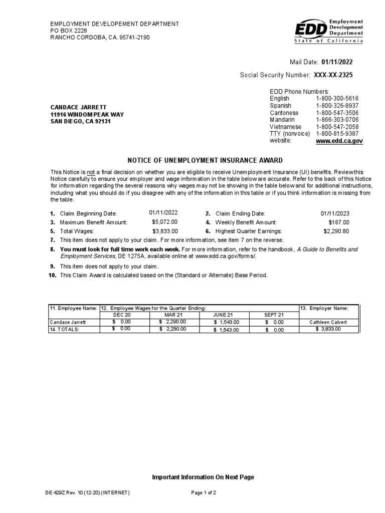 Unemployment Notice CANDACE | PDF | Employment | Unemployment Benefits