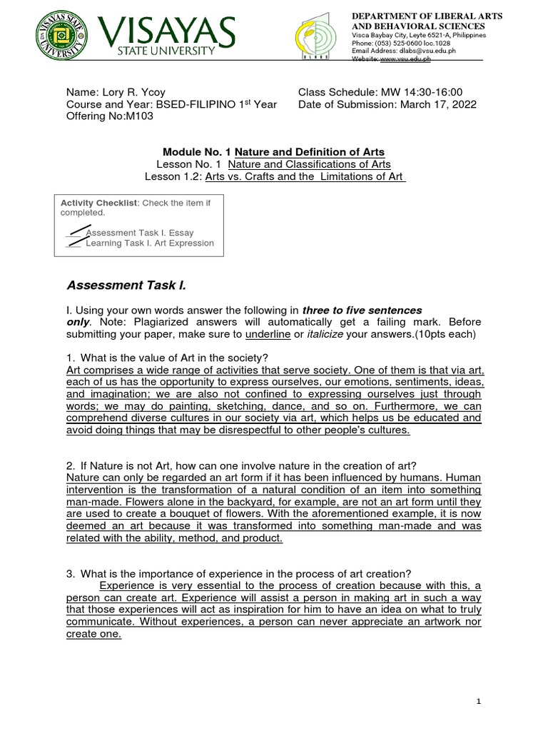 Ycoy RVA-Lesson1.1 | PDF | Experience | Paintings