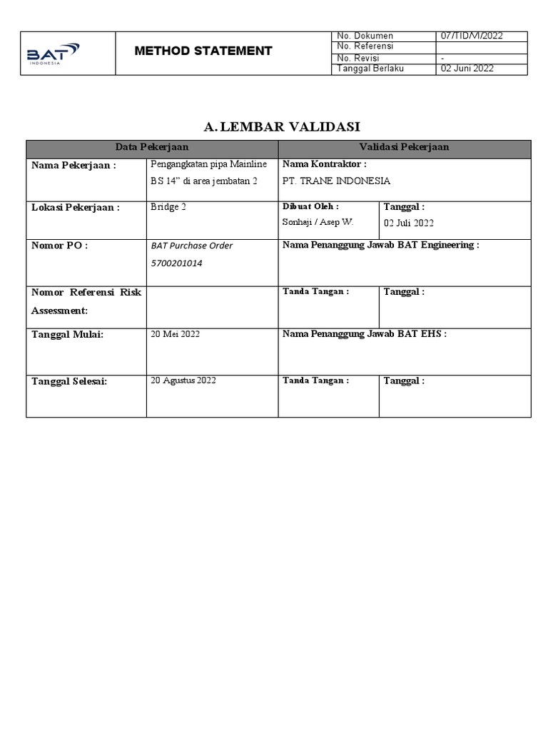 07-Method Statment - Manual Lifting Pipa Mainline Area Jembatan (Bridge) 2 | PDF