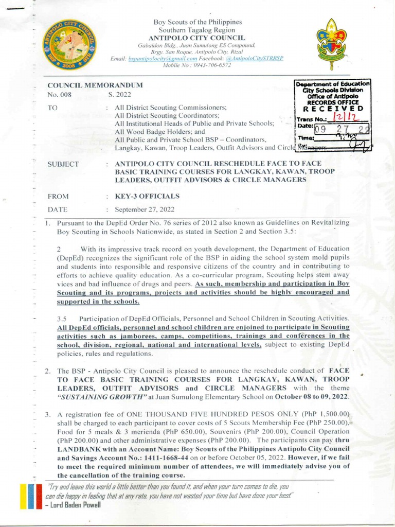 BSP Council Memo No 008 Antipolo City Council Reschedule Face To Face ...