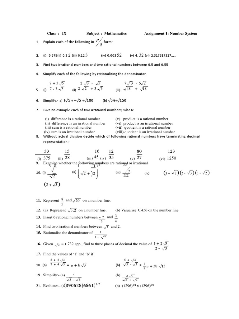 Chapter 1 Class 9 Mathematics Worksheet - 1 | PDF | Numbers | Rational Number
