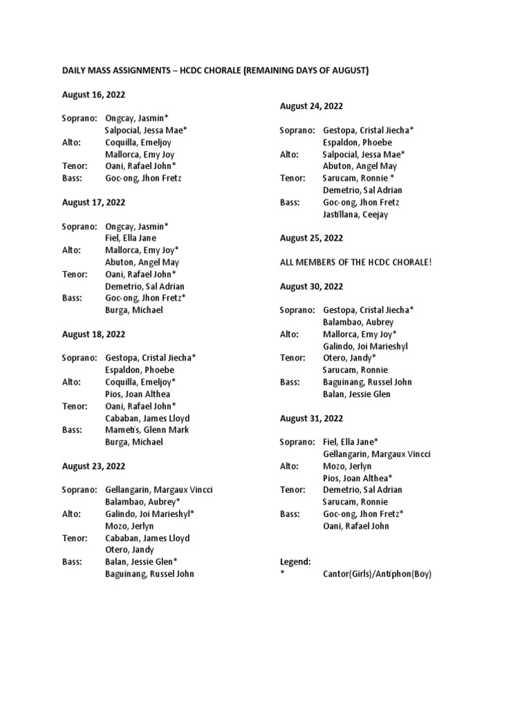 Daily Mass Assignments Remaining Days of August 2022 | PDF | Musical ...