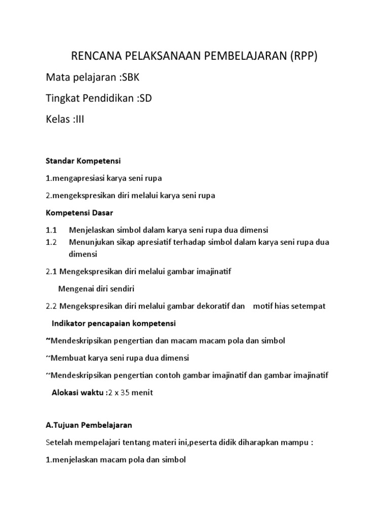 Rencana Pelaksanaan Pembelajaran (RPP) : Mata pelajaran:SBK Tingkat Pendidikan:SD Kelas:III | PDF
