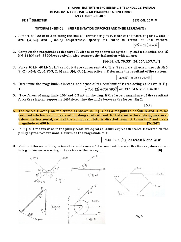 Tut 1-5 | PDF | Force | Euclidean Vector