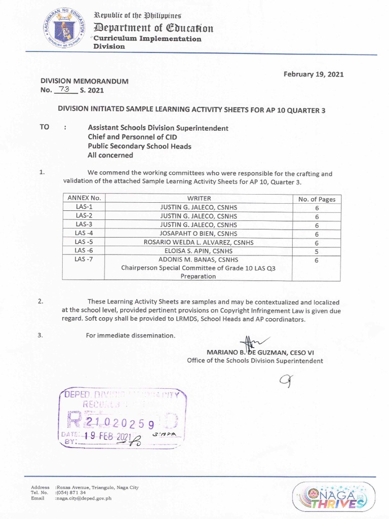 DM No. 73, S. 2021 Division Initiated Sample Learning Activity Sheets ...