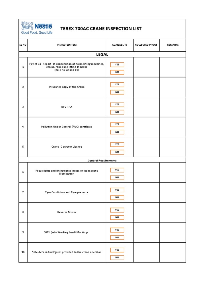 Crane Inspection Check List | PDF | Crane (Machine) | Tools