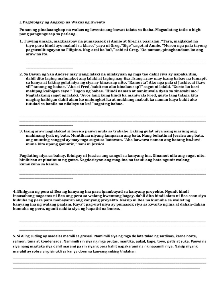 Pagbibigay Wakas Sa Kwento Worksheet FILIPINO 5. NAKAPAGBIBIGAY NG