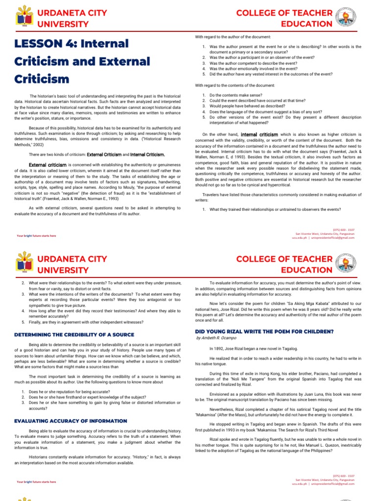 Lesson 4 Internal and External Criticism WORD | PDF | Philippines