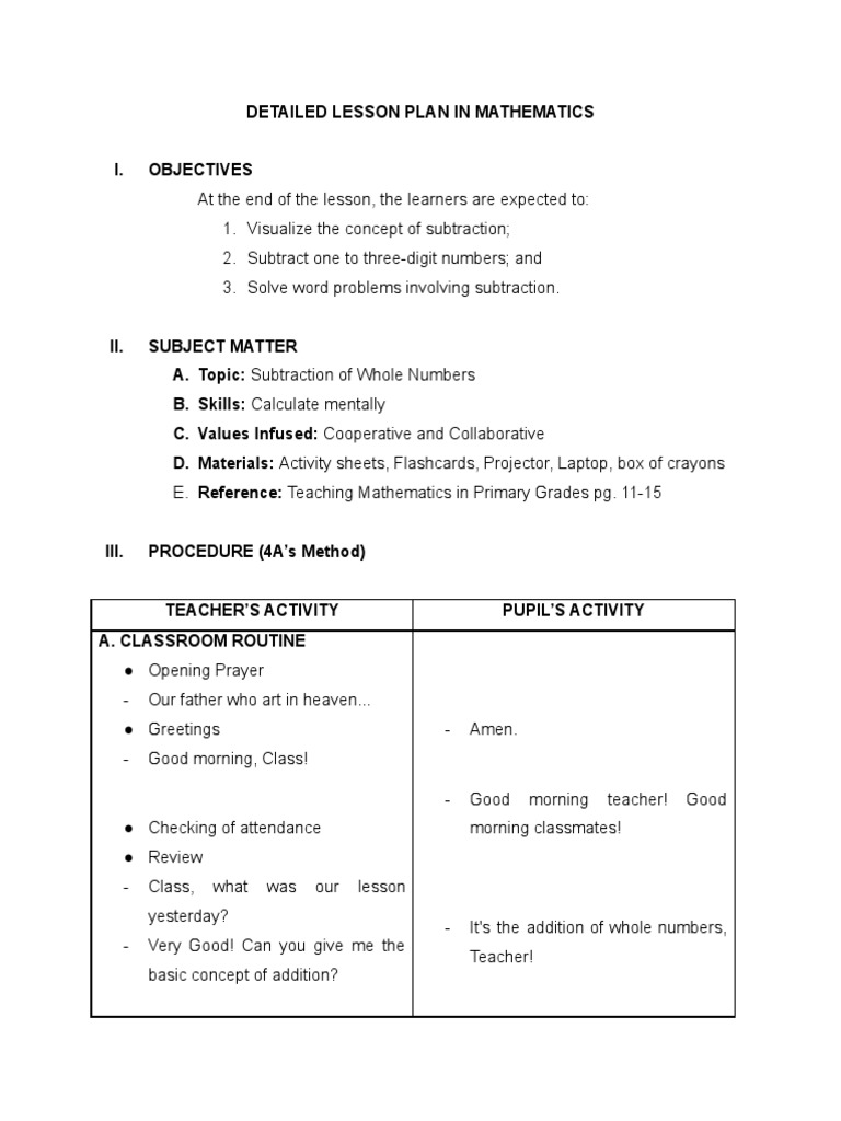 Grade 3 Subtraction Lesson Plan | PDF | Subtraction | Cognitive Science