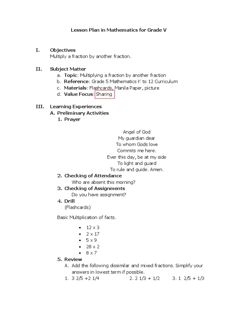 Grade 5 Lesson Plan: Multiplying Fractions | PDF | Multiplication ...