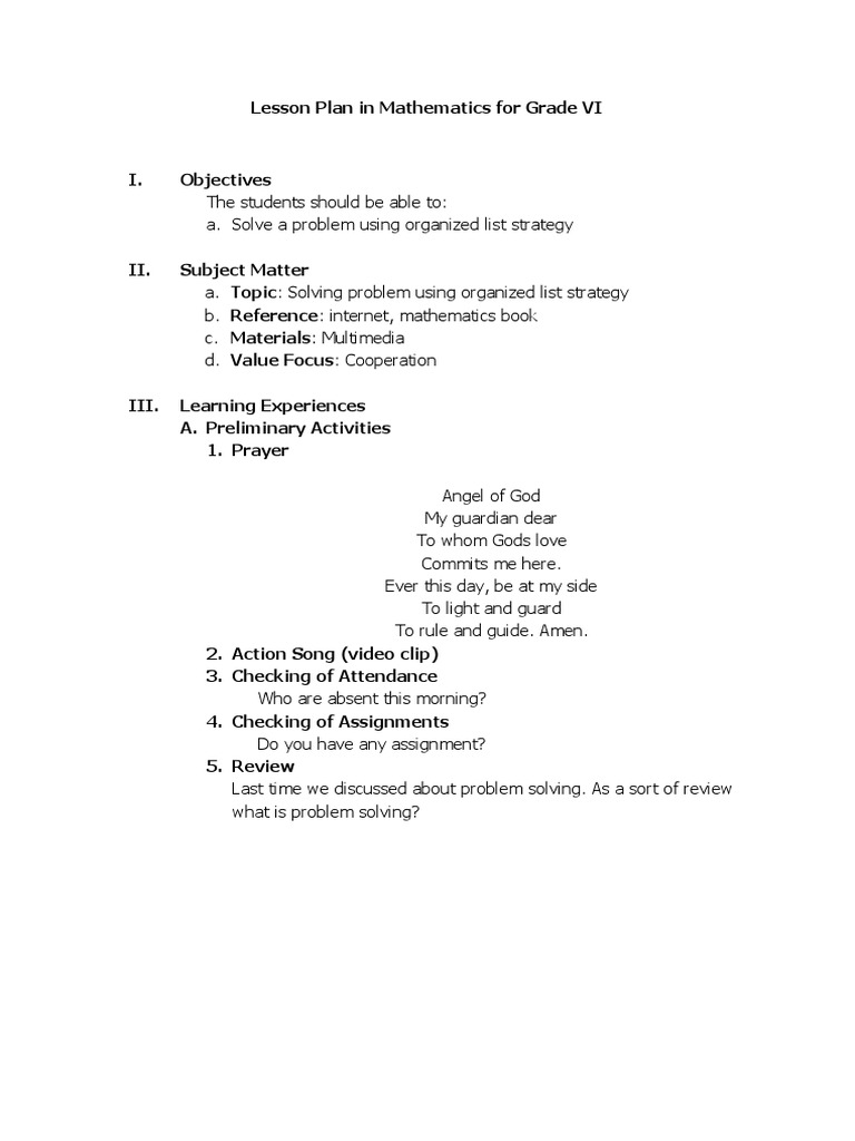 Lesson Plan in Mathematics For Grade V1 | PDF | Lesson Plan | Cognitive ...