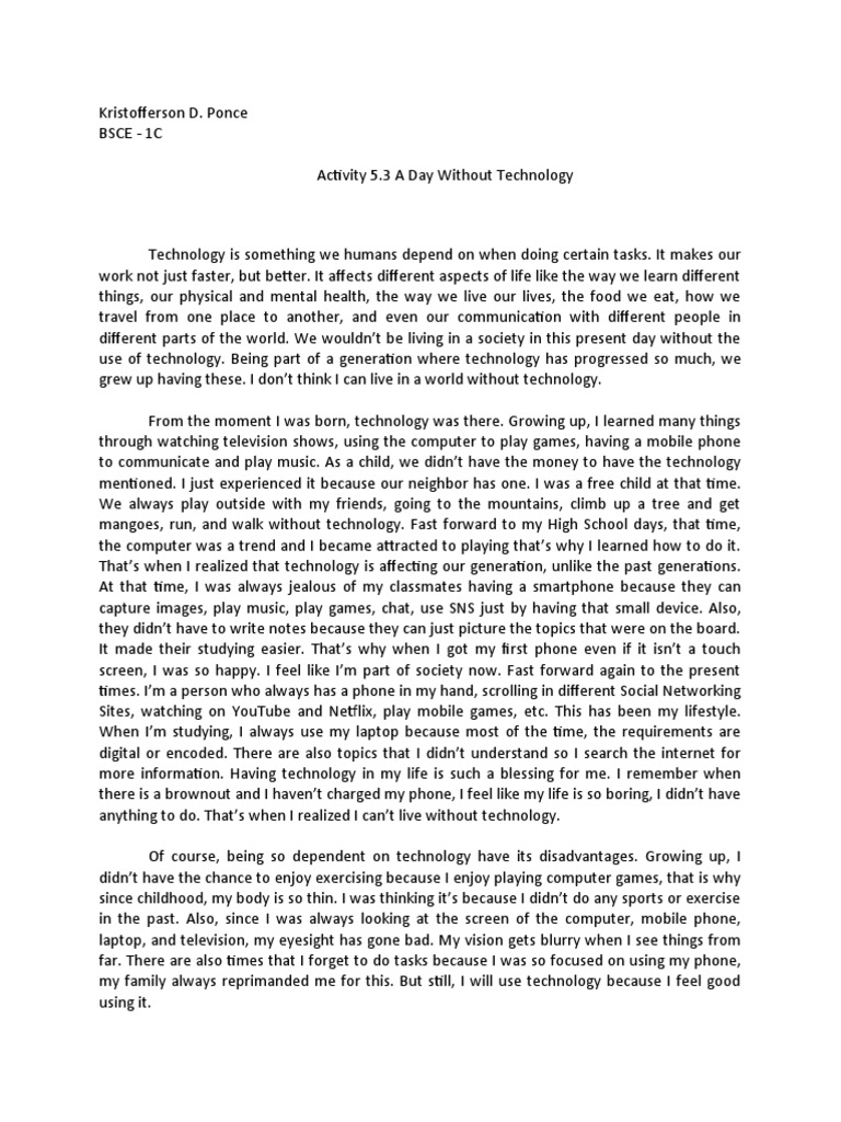 Life Without Technology: A Personal Reflection | PDF | Communication ...