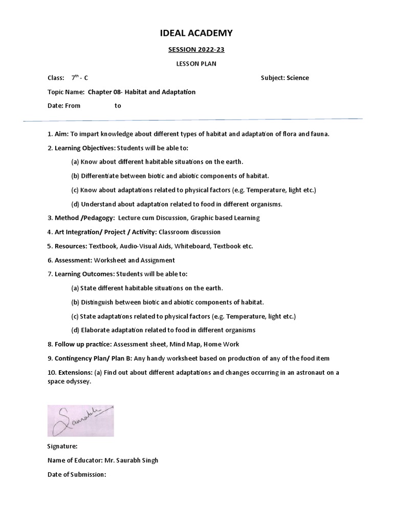 Habitat and Adaptation - Lesson Plan | PDF