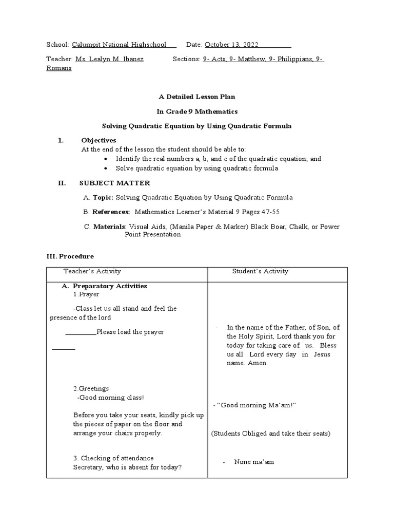 Solving Quadratic Equation by Using Quadratic Formula DLP | PDF ...